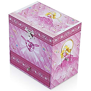 RR ROUND RICH DESIGN Kids Musical Jewelry Box for Girls with 3 Drawers and Jewelry Set with Cute Princess Theme - Beautiful Dreamer Tune Pink
