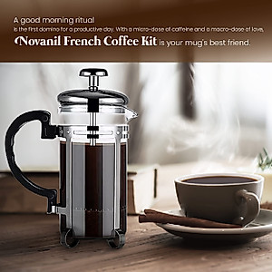 NOVANIL FRENCH COFFEE KIT - ANTIQUE STYLE COFFEE SET, FRENCH PRESS & HEAT-RESISTANT GLASS POT, WOODEN MANUAL COFFEE GRINDER & GIFT BOX