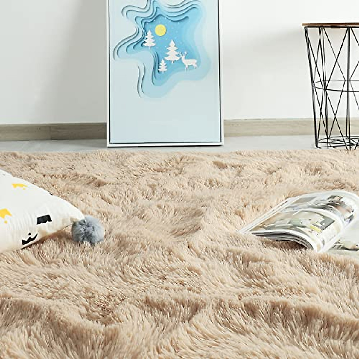 Wellber Modern Soft Shag Rugs, 3x5 Feet Beige Fluffy Home Decorative Carpets for Bedroom, Rectangle Durable Fuzzy Area Rug for Living Room Dorm Nursery, Plush Floor Shaggy Fur Throw Rug