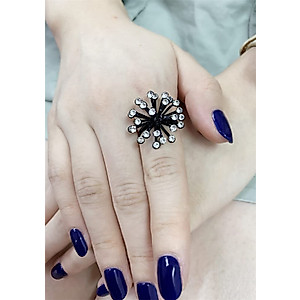 Rhinestone Dandelion Flower Ring for Women Adjustable Crystal Black Blossom Pistil Statement Ring Fashion Unique Jewelry Size 7-9