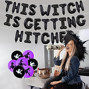 Wonmelody This Witch is Getting Hitched Banner Wizard Bachelorette Party Decorations Halloween Bachelorette Decor with Black Purple Wizard Print Balloons for Halloween Weeding Bridal Shower