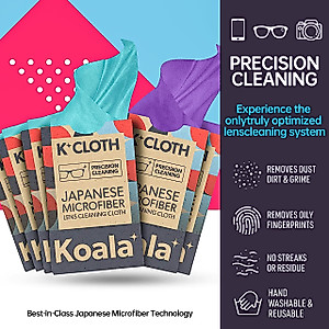 Koala Lens Cleaning Cloth | Japanese Microfiber | Glasses Cleaning Cloths | Eyeglass Lens Cleaner | Eyeglasses, Camera Lens, VR/AR Headset, and Screen Cleaning | Blue & Purple (Pack of 6)