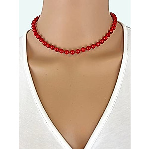 MGR MY GEMS ROCK! Beaded Semi Precious Stone Red Sea-bamboo Coral Collar or Choker Short Dainty Necklace for Women or Girls, 14.50" Long with 3" Extender.