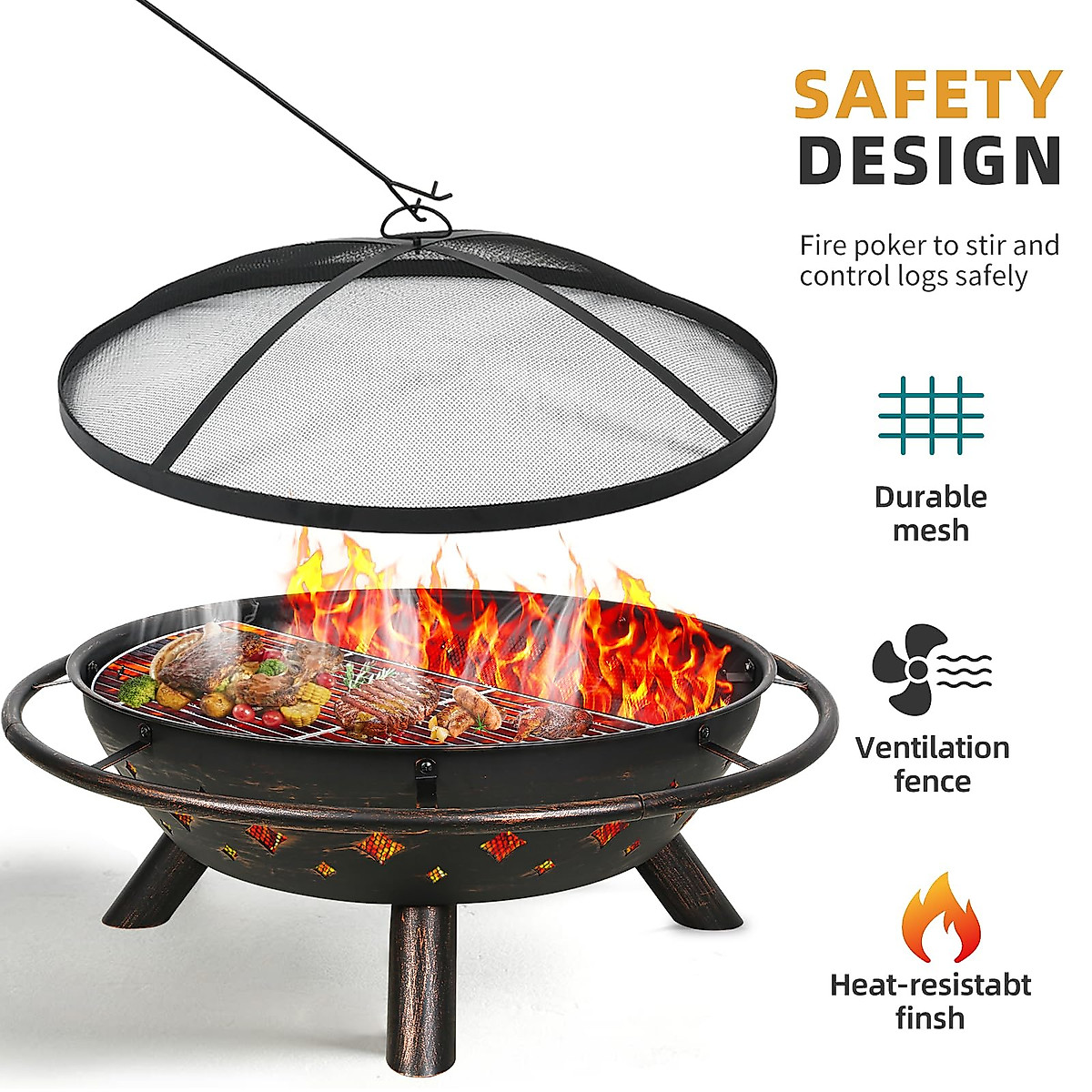 Hykolity 41" Large Size 2 in 1 Outdoor Fire Pit with Grill, Heavy Duty Steel Wood Burning Firepalce, Fire Bowl with Antiqued Copper Finish for Bonfire Patio Backyard
