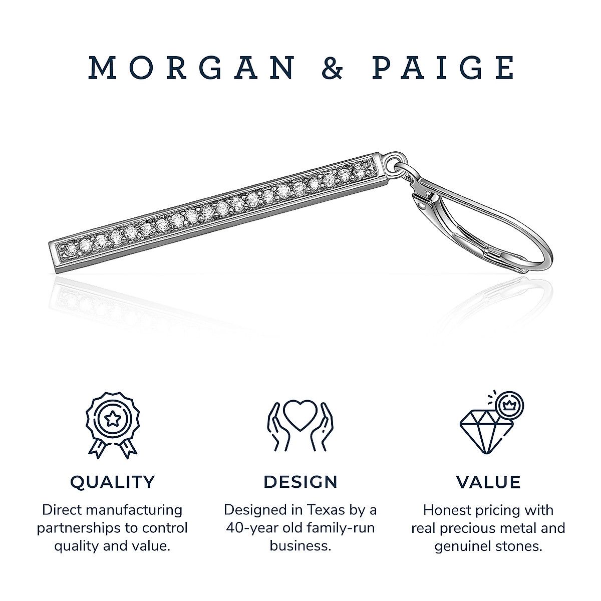 MORGAN & PAIGE .925 Sterling Silver Cubic Zirconia Vertical Bar Drop Earrings 1-3/4" Linear Dangle Earrings For Women