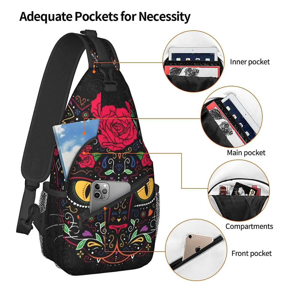 AMRANDOM Fashion Sling Shoulder Backpack Outdoor Sports Daypack Day Of The Dead Kitty Cat Sugar Skull, Mens and Boys Crossbody Backpack for Daily Outdoor, One Size