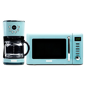 Haden Heritage 12 Cup Programmable Vintage Retro Home Coffee Maker Machine with Vintage Retro 0.7 Cu Ft 700W Countertop Microwave Oven, Blue