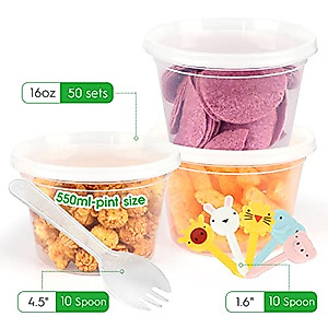 ZIZOTI [50 Pack,16oz] Combo Food Storage Containers with Lids, Airtight Deli Food Containers w 10 Spoons, BPA-Free Leakproof Takeout Meal Prep Dishwasher, Microwave, Freezer Safe