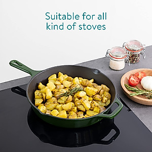 Navaris Enameled Cast Iron Skillet - 12" Frying Pan with Enamel Coated Finish - 12 inch Kitchen Cookware Fry Griddle for Stove Top and Oven - Green