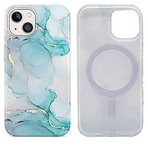 Magnetic Case for iPhone 13 Mini 5.4 inch Compatible with MagSafe Charging Soft TPU Bumper Slim Shockproof Protective Cute Cover for iPhone 13 Mini with Screen Protector (Pastel Green Marble)
