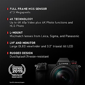 Panasonic LUMIX S1 Full Frame Mirrorless Camera with 24.2MP MOS High Resolution Sensor, 24-105mm F4 L-Mount S Series Lens, 4K HDR Video and 3.2” LCD - DC-S1MK