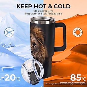 Lion Male Insulated Tumblers with Handle Stainless Steel Coffee Mug Funny Travel Cup with Lid Straw 40oz