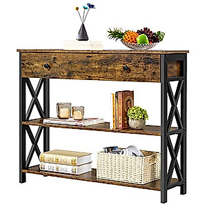 Yaheetech Industrial Console Table with Drawer, Sofa Table Narrow Console Table for Entryway/Living Room, Entry Hallway Table with 2 Tier Open Storage, Rustic Brown