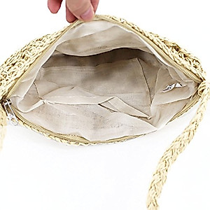 Rebecca Women Girl Straw Woven Shoulder Bag Beach Crochet Envelope Crossbody Bag Vacation Tassels Handbag (Beige)