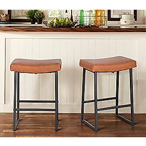 MAISON ARTS Brown Bar Stools Set of 2 Counter Height 24 Inches Saddle Stools for Kitchen Counter Backless Modern Barstools Upholstered Faux Leather Stools Farmhouse Island Chairs, Brown, 2pcs