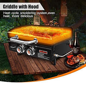 QuliMetal Portable Griddle Flat Top Grill 22 Inch Table Top Grill with Hood 2 Burner Gas Grill Propane Grill with Carry Bag Outdoor Griddle Camping Griddle 24,000 BTU 348 Sq 304 Stainless Steel