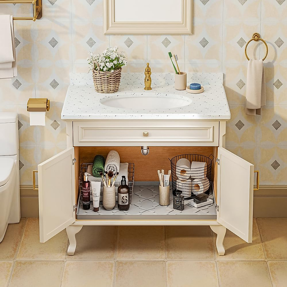 SIKADEER Under Sink Mat for Bathroom Waterproof, 31" x 19" Silicone Under Sink Liner Bathroom Cabinet Shelf Protector, Fits 33inch Standard Kitchen Bathroom Cabinet Mat Under Sink Organizer Drip Tray