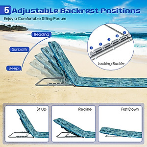 Tangkula 3 Pieces Beach Chairs for Adults, Lightweight Lawn Lounge Chairs with 5 Adjustable Recline Position, Zipper Pocket, Backpack 2 Pack Beach Chairs Set with Folding Side Table (Blue)