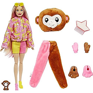 Barbie Cutie Reveal Fashion Doll, Jungle Series Monkey Plush Costume, 10 Surprises Including Mini Pet & Color Change