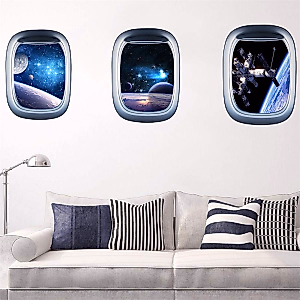 HERRA 3D Planet Universe Galaxy Outer Space Wall Decal Spacecraft Astronaut Wall Stickers, Peel and Stick Removable Space Capsule Window Wall Stickers Wall Mural for Bedroom Living Room Kids Room