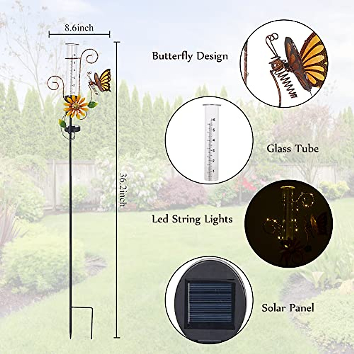 Stargarden Butterfly Rain Gauge Outdoor,Solar Garden Rain Gauge Decorative Waterproof for Yard Garden Patio Lawn