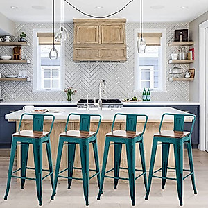 Alunaune 26" Metal Bar Stools Set of 4 Industrial Counter Height Barstools Kitchen Counter Stool Modern Wood Seat-Distressed Teal