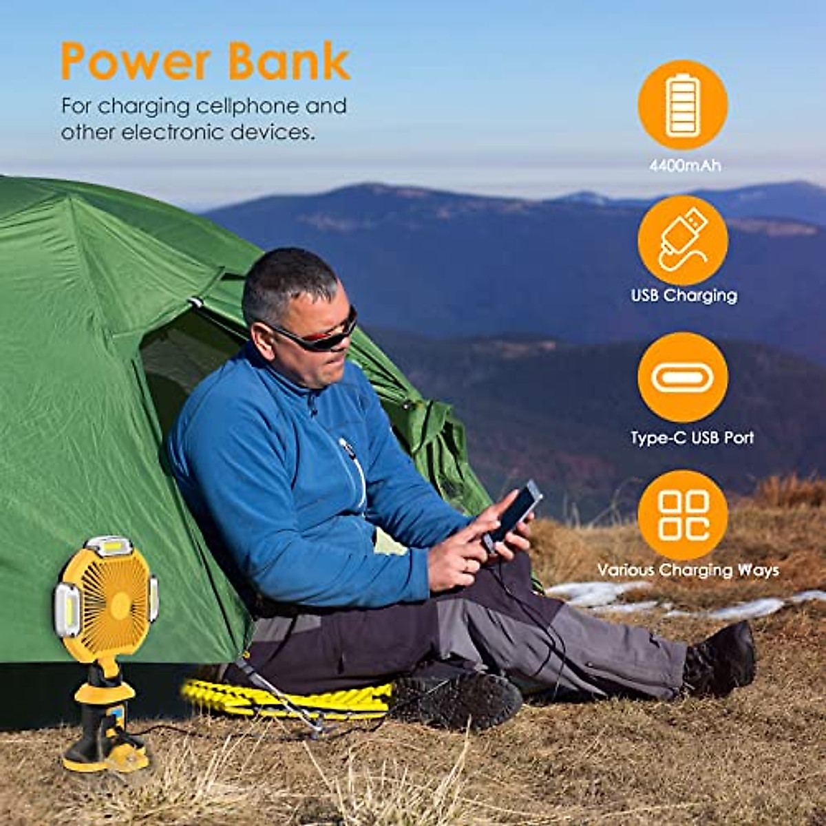 AKSOUL Cordless Fan Led Work Light: Rechargeable 14400mAh Battery Floor Fan Strong Airflow USB Magnetic Portable Camping Fan with Power Bank & Light 1000CFM for Jobsite Tent Travel Office outdoor