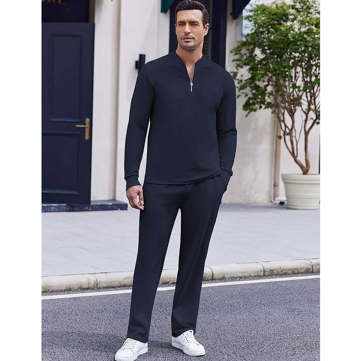 COOFANDY Men's Tracksuit 2 Piece Set Quarter Zip Polo Sweatsuit Athletic Long Sleeve Casual Sports Outfits Running Blue