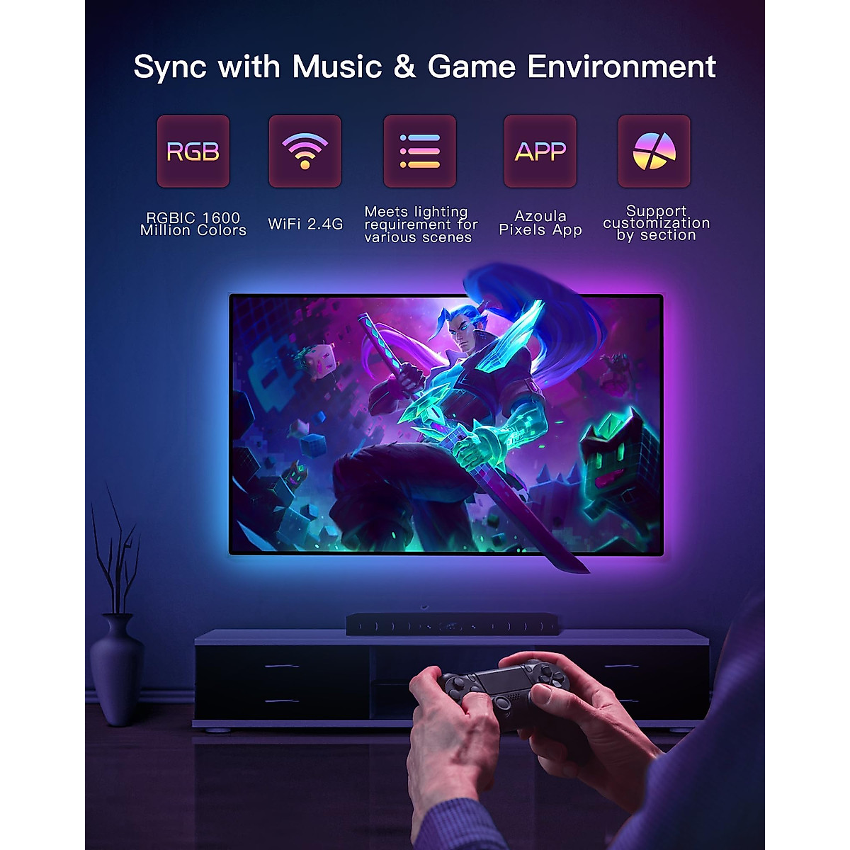 Azoula TV LED Backlight Immersion Ambient TV Strip Lights for 55-65 Inch TV HDMI 2.0 Sync Box RGB+IC Wi-Fi Backlight Music Sync TV Light, Compatible with Alexa Google Assistant App Contro