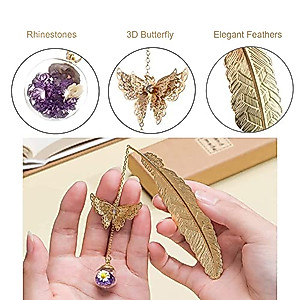 Feather Metal Bookmark Vintage Gift: Creative Book Mark with Butterfly Eternal Flower Crystal Pendant for Teachers Students Friends Lover Readers Kids Girls Women