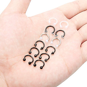 Hoeudjo Septum Hoop Nose Ring 16G Surgical Steel Circular Horseshoe Rings Piercing Jewelry with Cubic Zirconia Cartilage Helix Earring Barbell Retainer for Women Men 12 Pieces 8mm Black