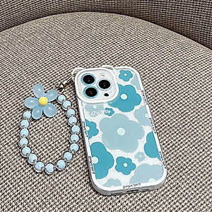 NITITOP Compatible for iPhone 13 Pro Max Case Clear Flower Floral Camera with Lovely Bracelet Chain Bear Lens Case for Women Girls, Shockproof Protective Soft TPU Cover - Blue