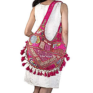 Tribe Azure Women Medium Shoulder Bag Tote Colorful Roomy Casual Boho Purse Travel Beach Top Handle Tassel Bright (PINK)