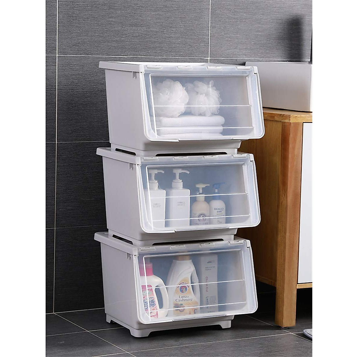 Shozafia Plastic Storage Bins for Toys, Stackable Storage Containers with Lids Front Opening, Clear Storage Box with Wheels. (White,3 Pack Large)