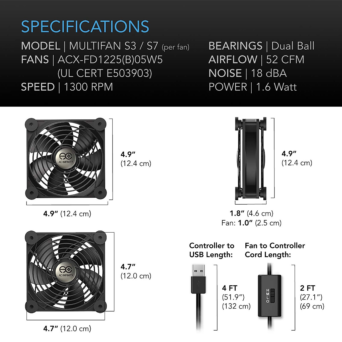 AC Infinity MULTIFAN S3, Quiet 120mm USB Fan, UL-Certified for Receiver DVR PlayStation Xbox Computer Cabinet Cooling