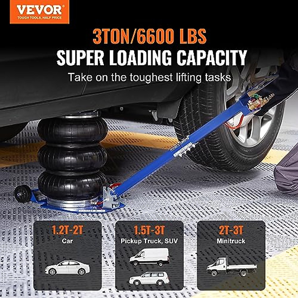 VEVOR Air Jack, 3 Ton/6600 lbs Triple Bag Air Jack, Airbag Jack with Six Steel Pipes, Lift up to 17.7", 3-5 s Fast Lifting Pneumatic Jack, with Adjustable Long Handles for Cars, Garages, Repair (Blue)