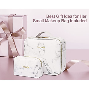 Luxtude Travel Makeup Bag Organizer Large Makeup Train Case Leather Cosmetic Case Organizer Portable Artist Storage Bag with Adjustable Dividers for Women Cosmetics Brushes Toiletry etc. (Marble)