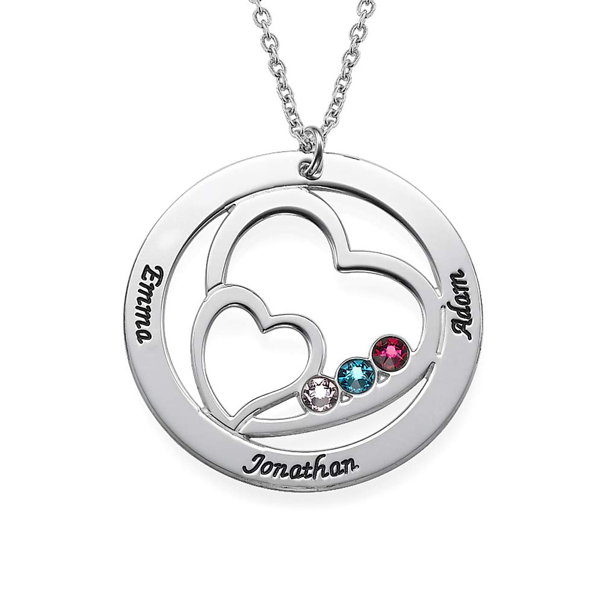 Heart in Heart Birthstone Necklace in Sterling Silver - Personalized Engraved with Any Name for Moms