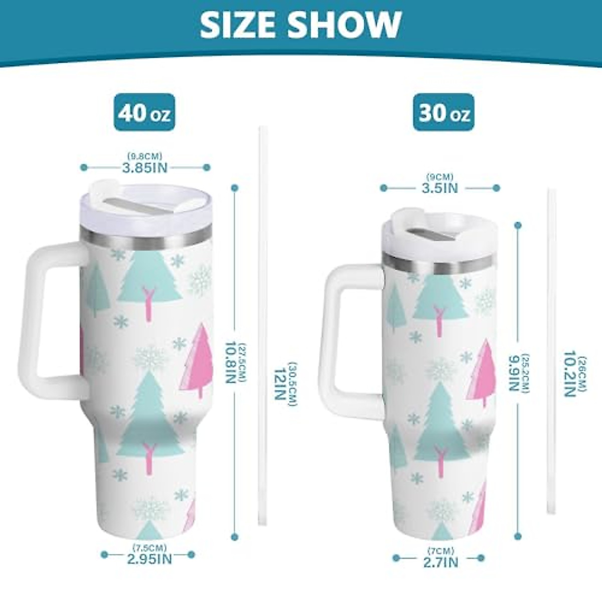RPLIFE Various Trees Snowflakes Pastel 40 Oz Tumbler with Handle, Stainless Steel Coffee Tumbler, Insulated Coffee Cups with Lids