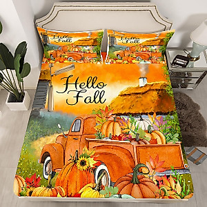 Erosebridal Hello Fall Comforter Set Rustic Farm Maple Leaf Pumpkin Sunflower Sheet Set Full Size Autumn Harvest Fitted Sheet Fall Season Flat Sheet Happy Fall Y'all Sheets Thanksgiving Day Gifts