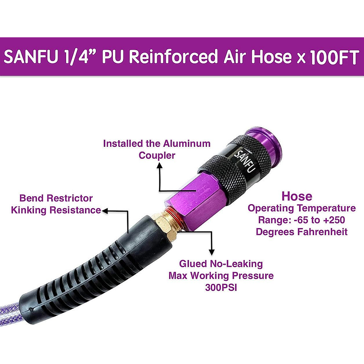 SANFU Polyurethane(PU) Air Hose 1/4-Inch x 100ft Reinforced, lightweight Anti-low temperature 300PSI with 1/4” Swivel Industrial Aluminum Quick Coupler and Plug, Bend Restrictor,Purple(100’)