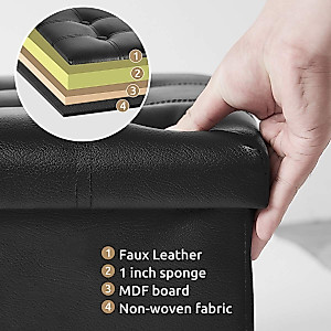YOUDENOVA 15 inches Folding Storage Ottoman, Cube Storage Boxes Footrest Stool, Small Ottomans with Foam Padded Seat, Support 300lbs (Black, Leather)