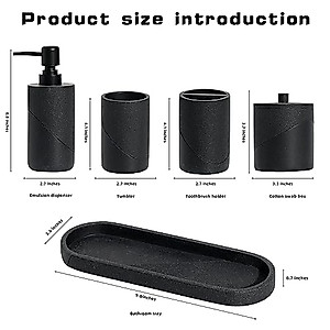 Bathroom Accessories Set, 5PCS Modern Bathroom Accessory Set with Tray, Mouthwash Cup & Toothpaste Holder & Qtip Holder, Soap Dispenser (Black)