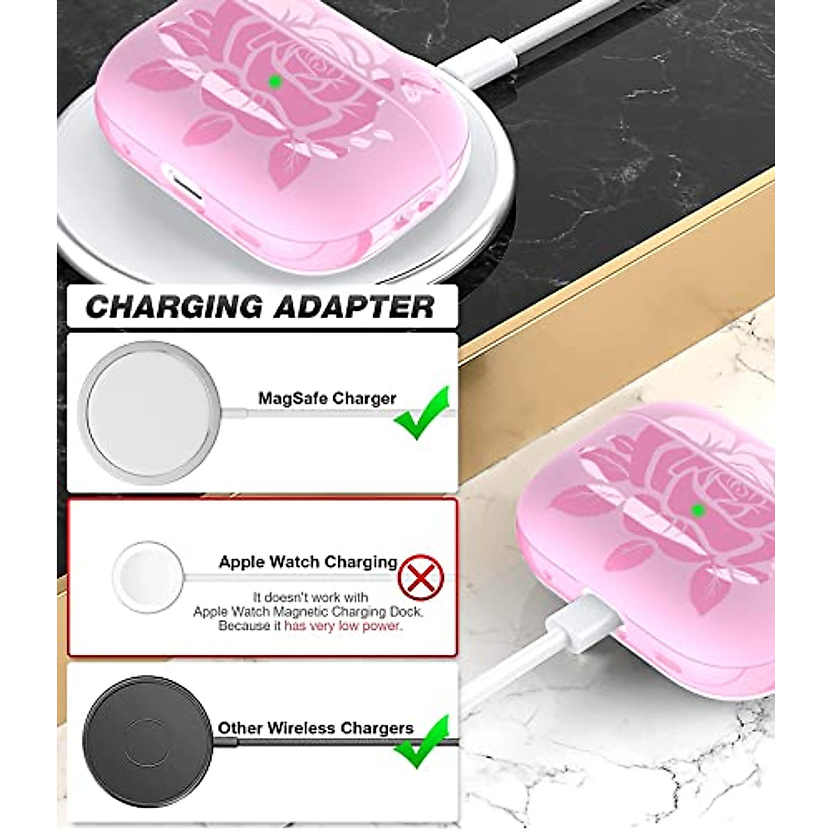 ROMSEA for AirPods Pro 2nd Generation Case Cover 2022, Rose Engraved Bling Floral Replacement Charging Case Cover for Women Shock-Absorbing Protective Case with Lanyard [Front LED Visible],Pink