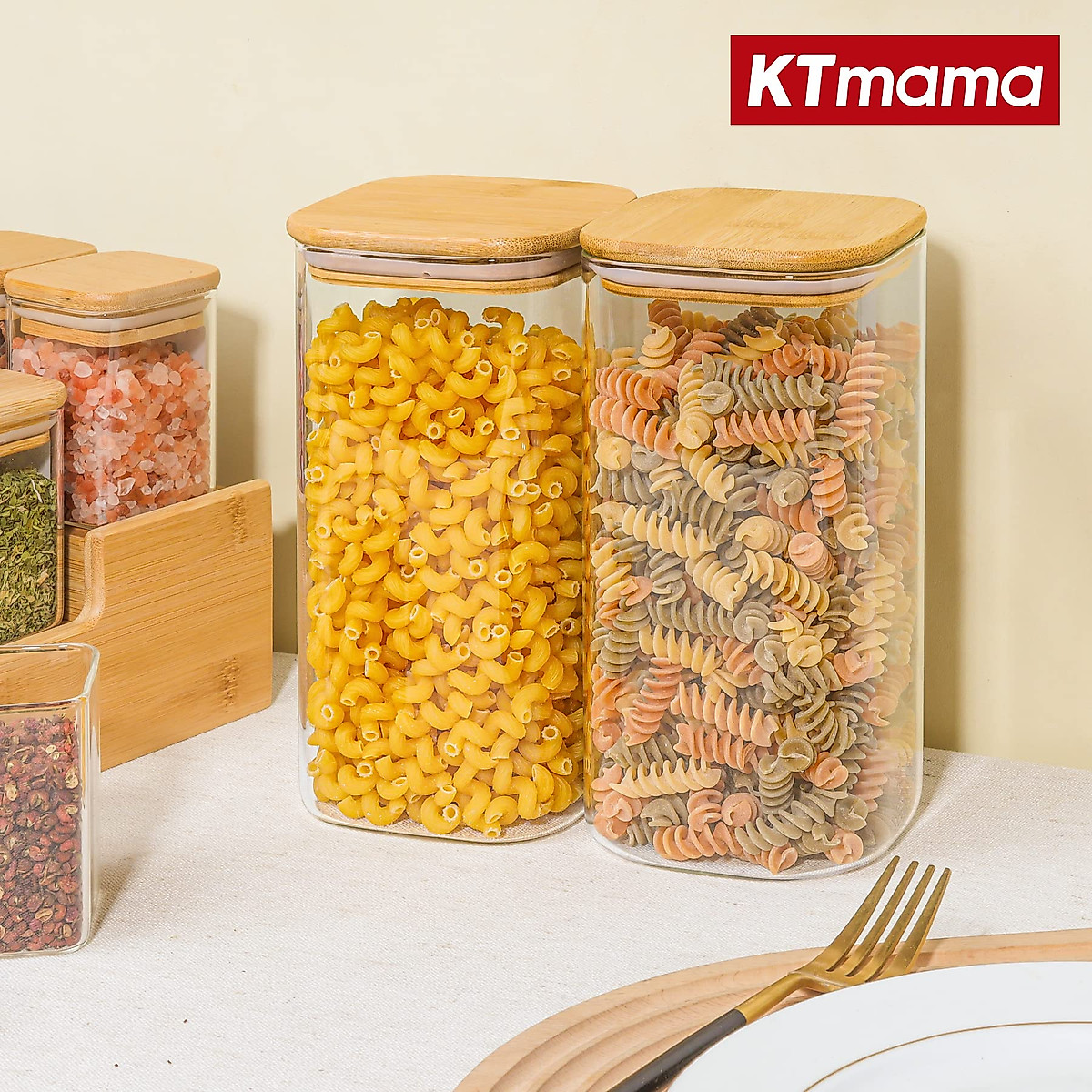 KTMAMA Airtight Glass Storage Canister with Lid (50oz), Clear Food Storage Container Jar with Sealing Bamboo Lid for Noodles Flour Cereal Rice Sugar Tea Coffee Beans, Square Set of 3