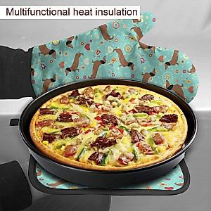 Oven Mitt and Pot Holders, 2 Piece Set, Dachshunds On Turquoise Floral Background Cotton Lining Waterproof BBQ Gloves