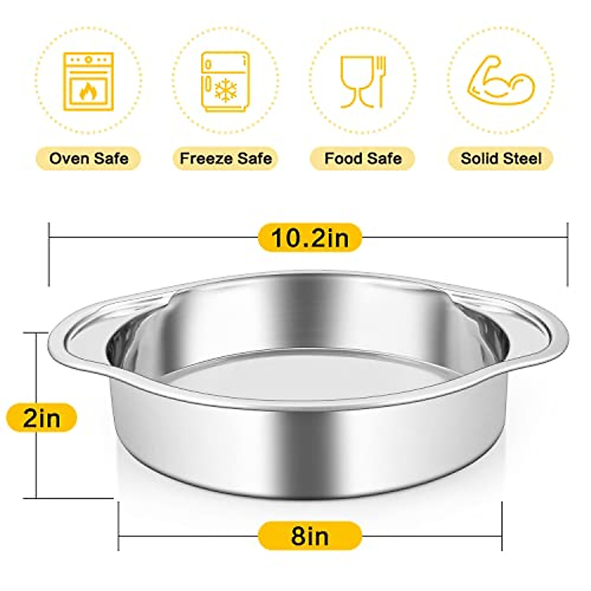 E-far 8 Inch Cake Pan Set of 2, Stainless Steel Round Cake Pans Tins with Handle for Baking Birthday Wedding Layer Cakes, Easy Grip & Straight Side, Mirror Finish & Dishwasher Safe