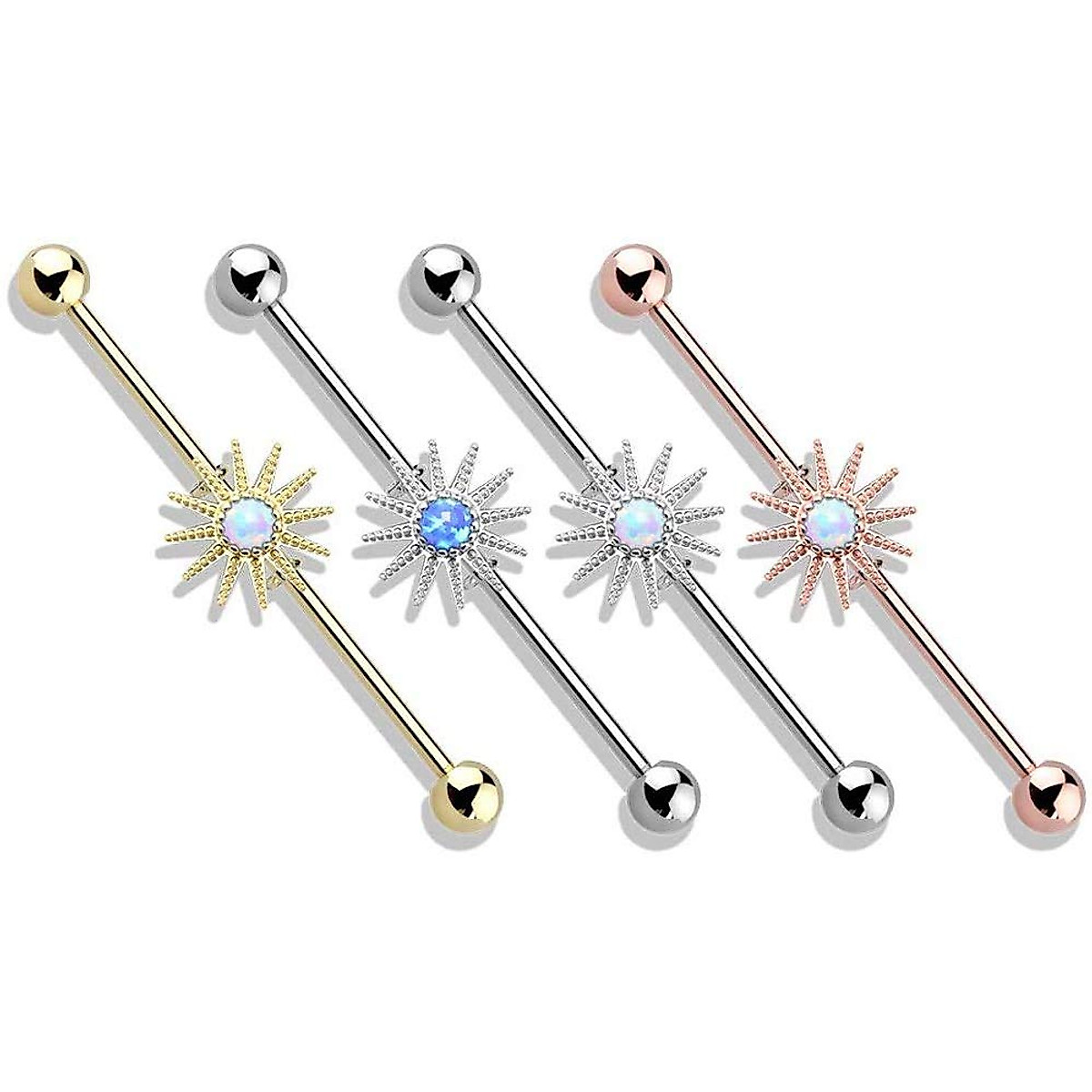 Covet Jewelry Opal Center Sunburst 316L Surgical Steel Industrial Barbell (Rose Gold/Opal White)