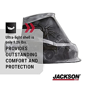 Jackson Safety Premium Auto Darkening Welding Helmet 3/10 Shade Range, 1/1/1/1 Optical Clarity, 1/25,000 sec. Response Time, 370 Speed Dial Headgear, 6 Feet Under Graphics, Black/Grey/White, 47100