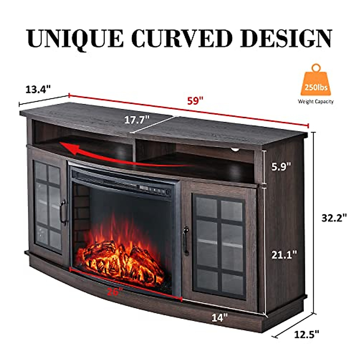 LUXOAK 59" Curved Fireplace TV Console, Entertainment Center Table with Open Shelves and Farmhouse Glass Door Media TV Cabinet Stand for TVs up to 65 Inches, Dark Walnut